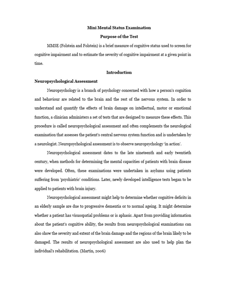 Mini Mental Status Examination Introdduction | PDF | Dementia ...
