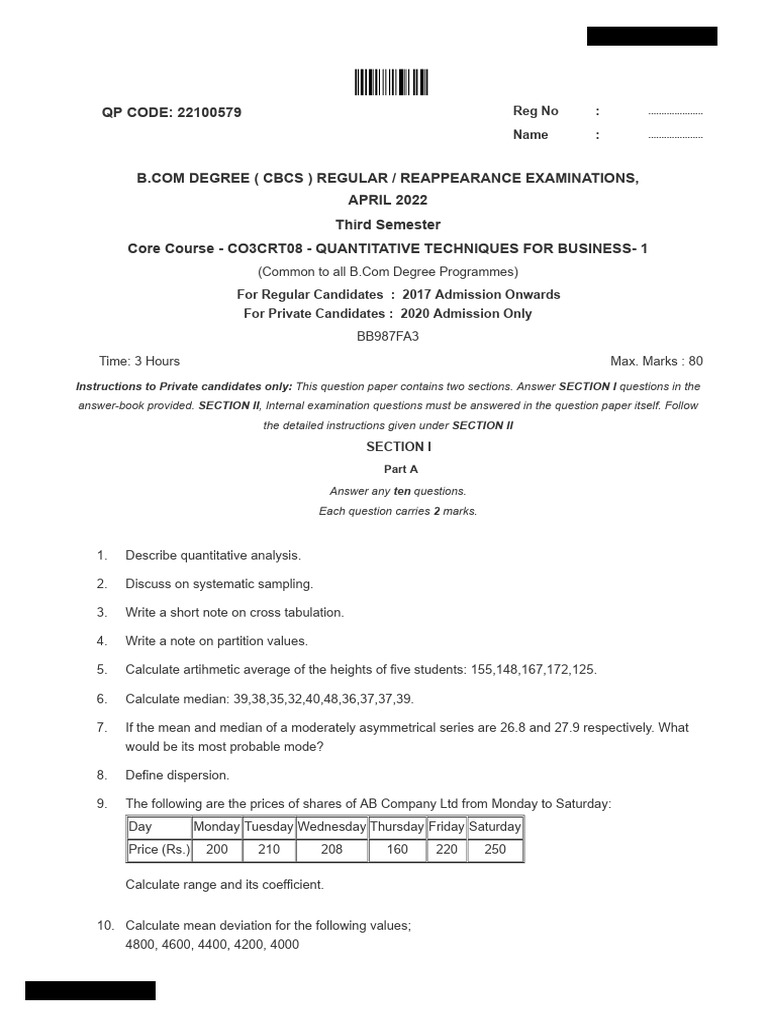 Bcom 3 Sem Quantitative Techniques For Business 1 22100579 Apr 2022 | PDF | Wage | Statistical ...