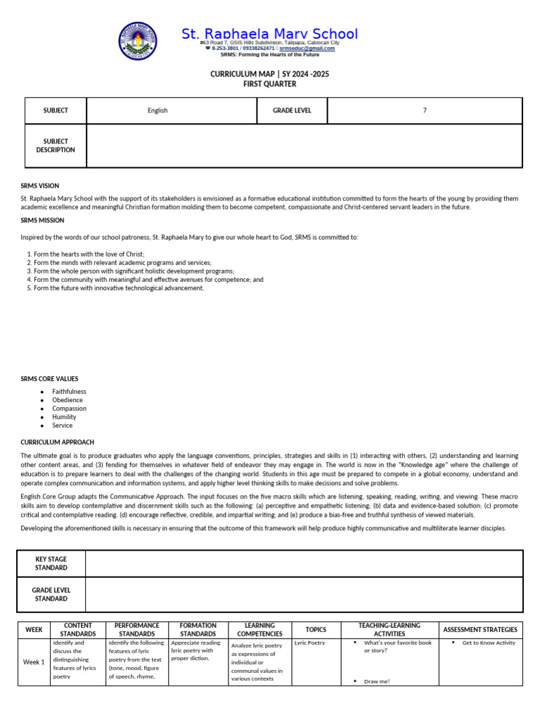 Q1 ENGLISH 7 CURRICULUM MAP | PDF | Poetry | Curriculum