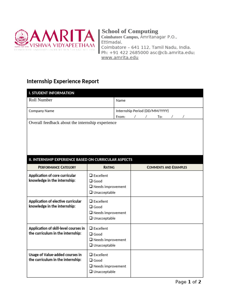 6.CBENU4CSE20XXX Intern Feedback | PDF | Curriculum | Internship