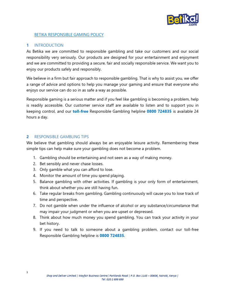 Betika Responsible Gaming Policy 2023 | PDF | Problem Gambling | Gambling
