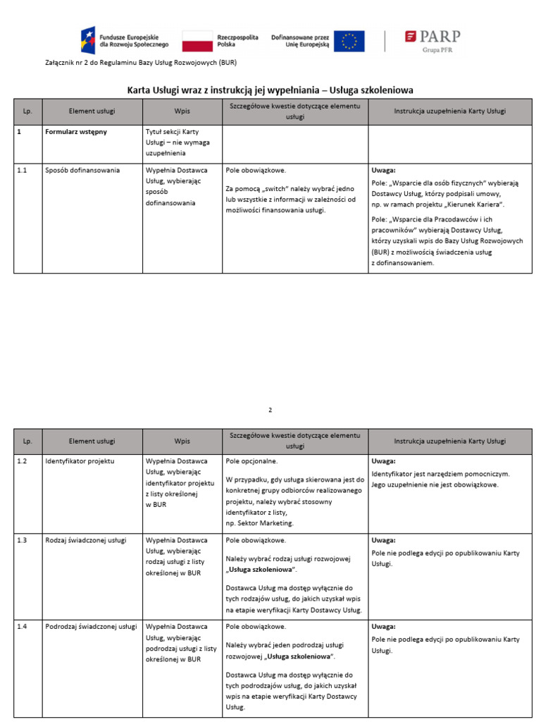 Zal 2 Instrukcja Wypelniania Karty Uslugi Szkolenie 01.01.2024 | PDF