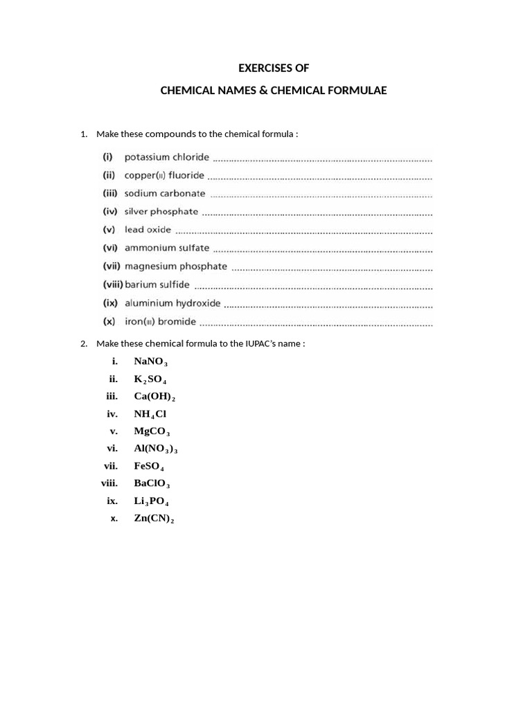 Chemical Names and Formulas Exercises | PDF | Home & Garden | Science ...
