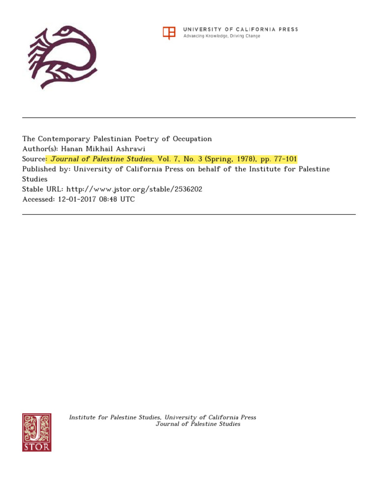 The Contemporary Palestinian Poetry of Occupation | PDF | Palestinians ...