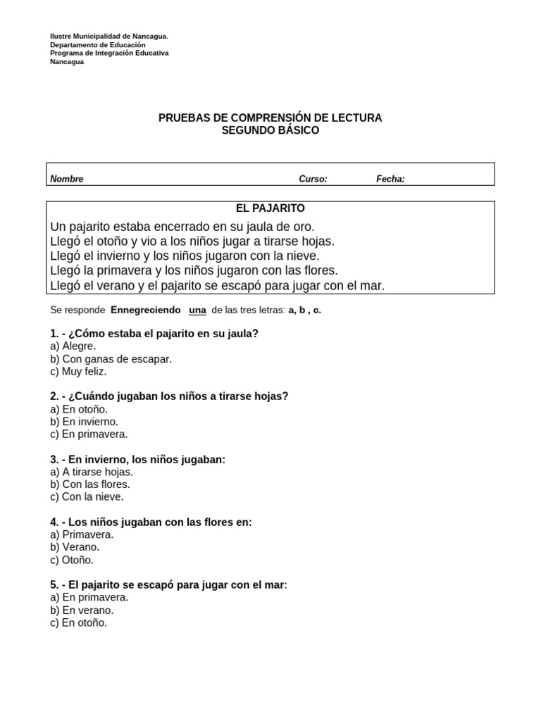 Pruebas de Comprensión de Lectura 2° | PDF