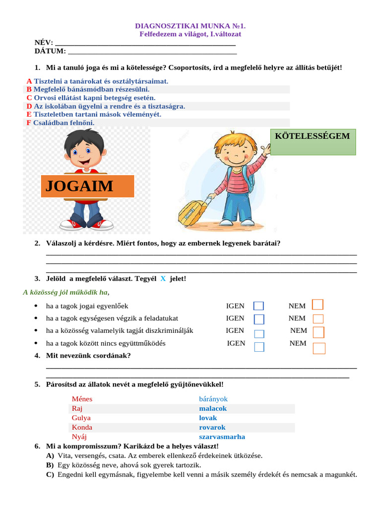 Sz. Diagnosztika Felfedezem A Világot 3. Oszt. | PDF