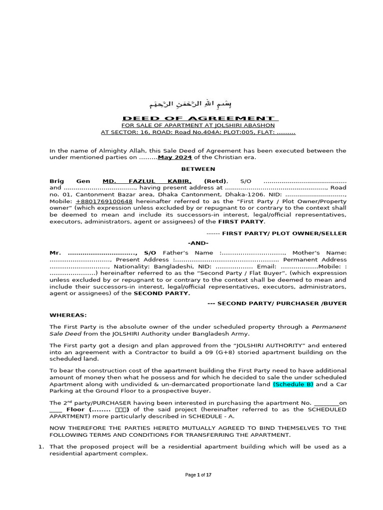 Deed of Agreement - Draft 01-05-2024 | PDF | Door | Concrete