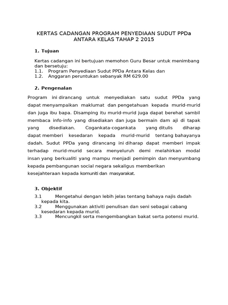 Kertas Kerja Cadangan Penyediaan Sudut PPDa | PDF | Karier & Perkembangan