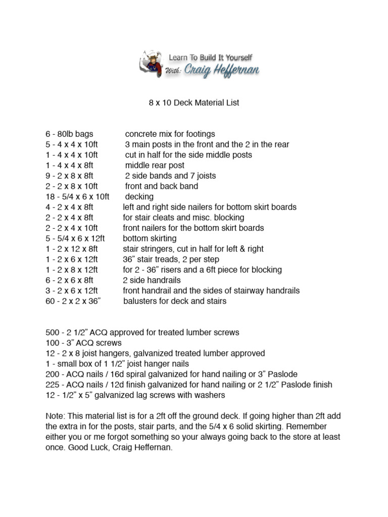 8x10 Deck Building Material List | PDF