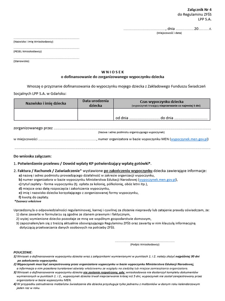 Załącznik NR 4 - Wniosek o Dofinansowanie Wypoczynku Dzieci I Młodzieży | PDF