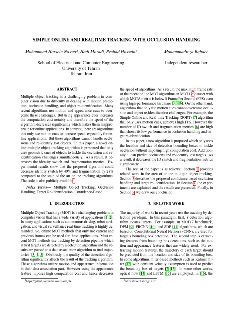 Simple Online and Realtime Tracking With Occlusion Handling | PDF | Kalman Filter | Computer Vision
