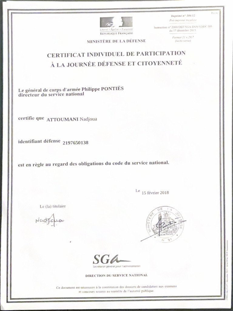 Certificat Individuel de Participation À La Journée, Défense Et ...