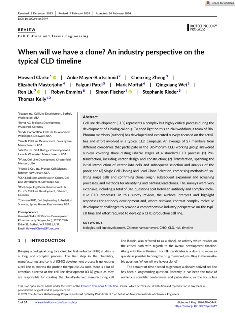 Biotechnology Progress - 2024 - Clarke - When Will We Have A Clone An Industry Perspective On ...