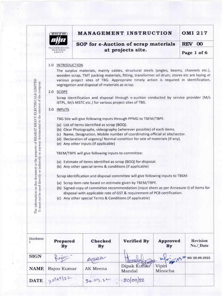 OMI 217 - SOP E-Auction of Scrap Materials | PDF