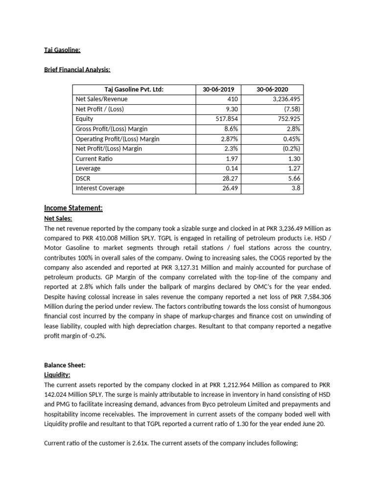 Taj Gasoline - Financial Commentary | PDF | Leverage (Finance) | Income ...