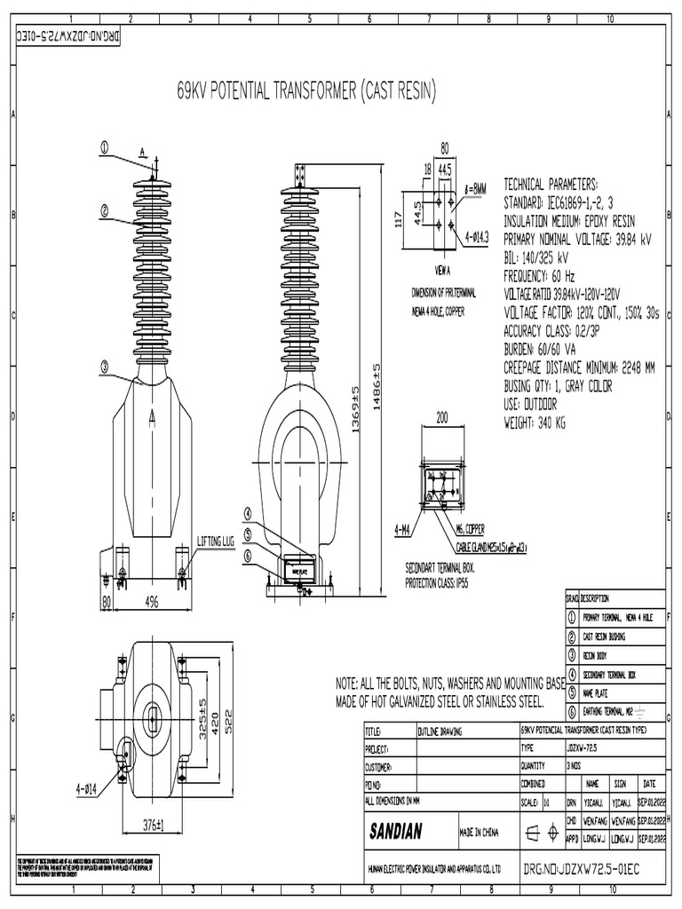 Drawing For 69kV VT JDZXW-72.5 For Approval (Cast Resin Type-Gray Color) | PDF