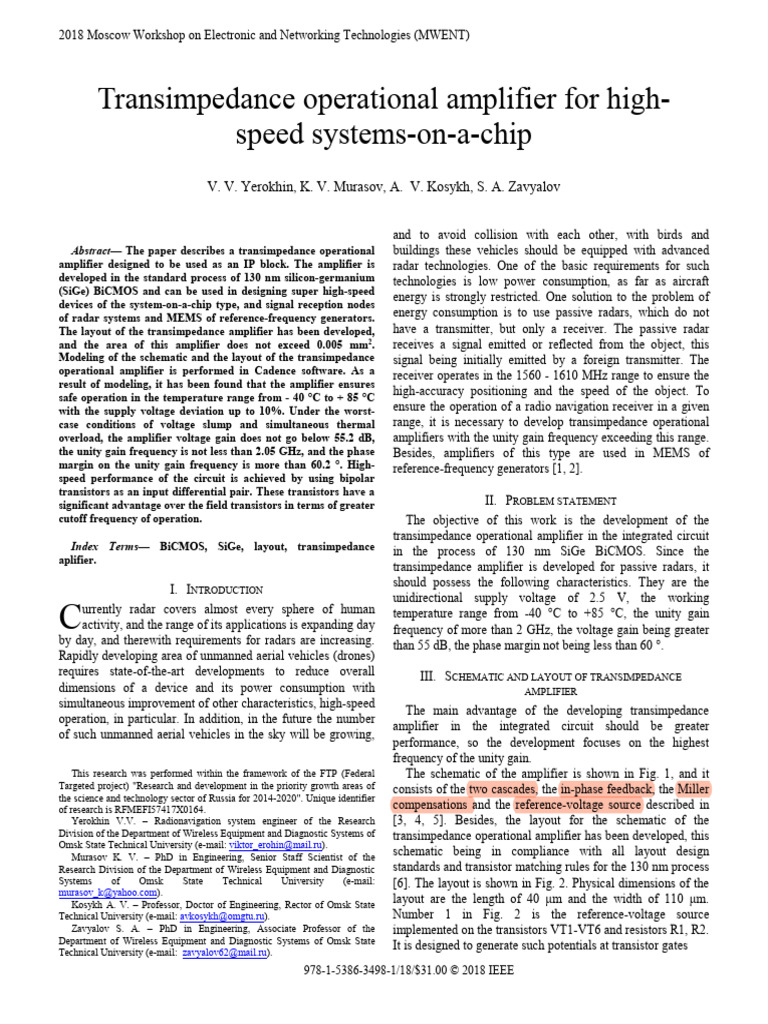 Transimpedance Operational Amplifier for High-speed Systems-On-A-chip | PDF | Amplifier | Transistor