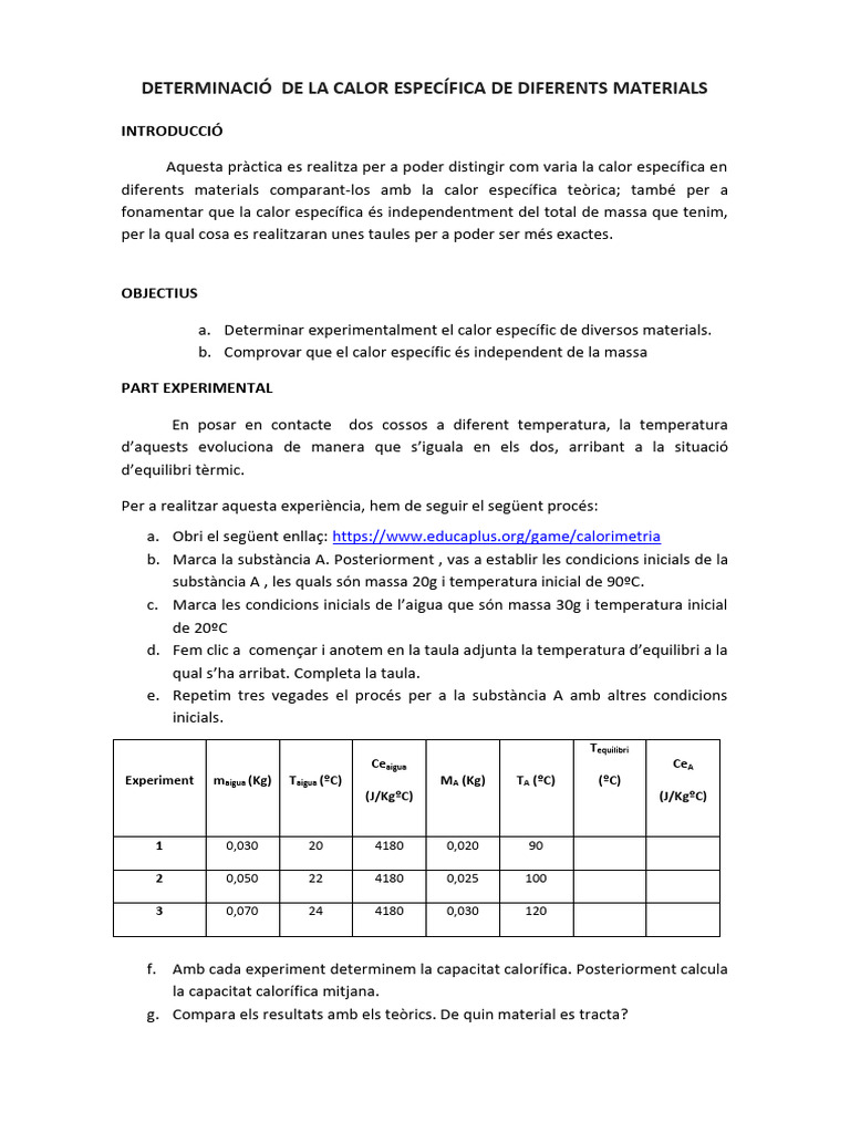 4t ESO Tema 8 Practica Virtual Calor EspecÃ Fic | PDF