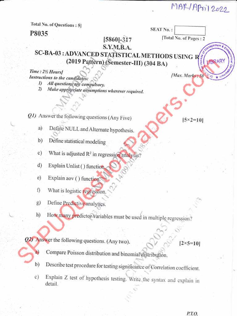 Postgraduate PG - Mba - Semester 3 - 2022 - May - Advanced Statistical Method Using R Pattern ...