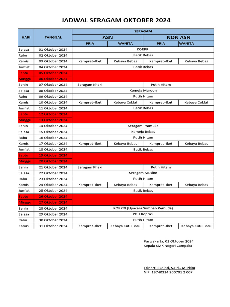 Jadwal Seragam Oktober 2024 | PDF