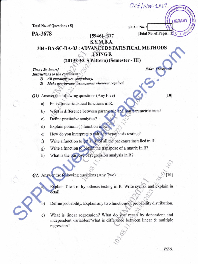 Postgraduate PG - Mba - Semester 3 - 2022 - November - Advanced Statistical Method Using R ...