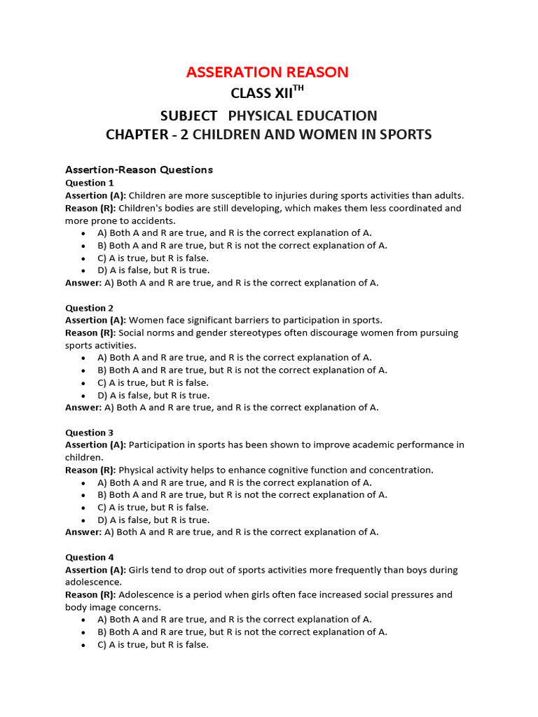 Class 12 Asseration Reason Physical Education Chp 2 (2024-25) | PDF | Teachers | Learning