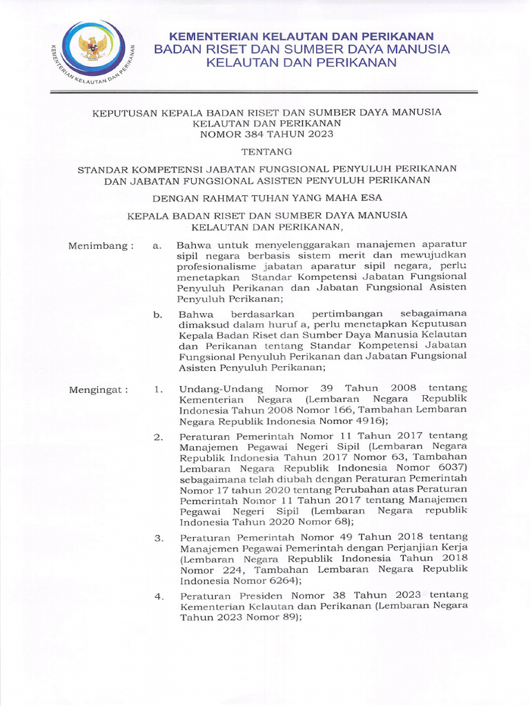 Kep-Ka BRSDM No. 384 Tahun 2023 TTG Standar Kompetensi Jabatan Fungsional PP Dan Jabfung App | PDF