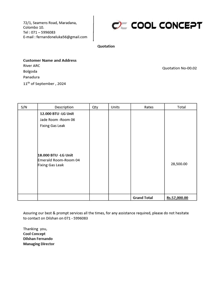 AC Repair Quotation for Panadura Leak | PDF