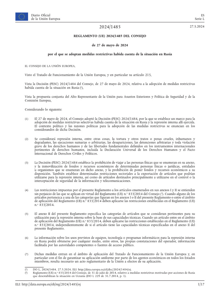 Reglamento (Ue) 2024/1485 Del Consejo de 27 de Mayo de 2024 Por El Que ...