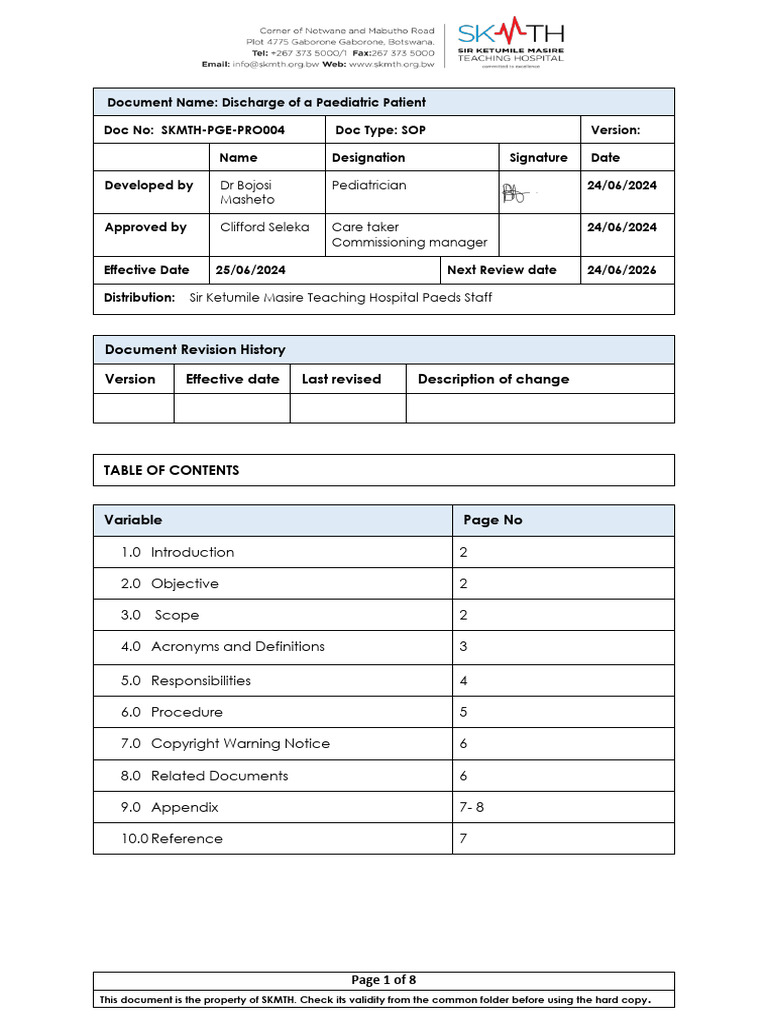 SKMTH-PGE-PRO004 Discharge of A Paediatric Patient - Encrypted | PDF ...