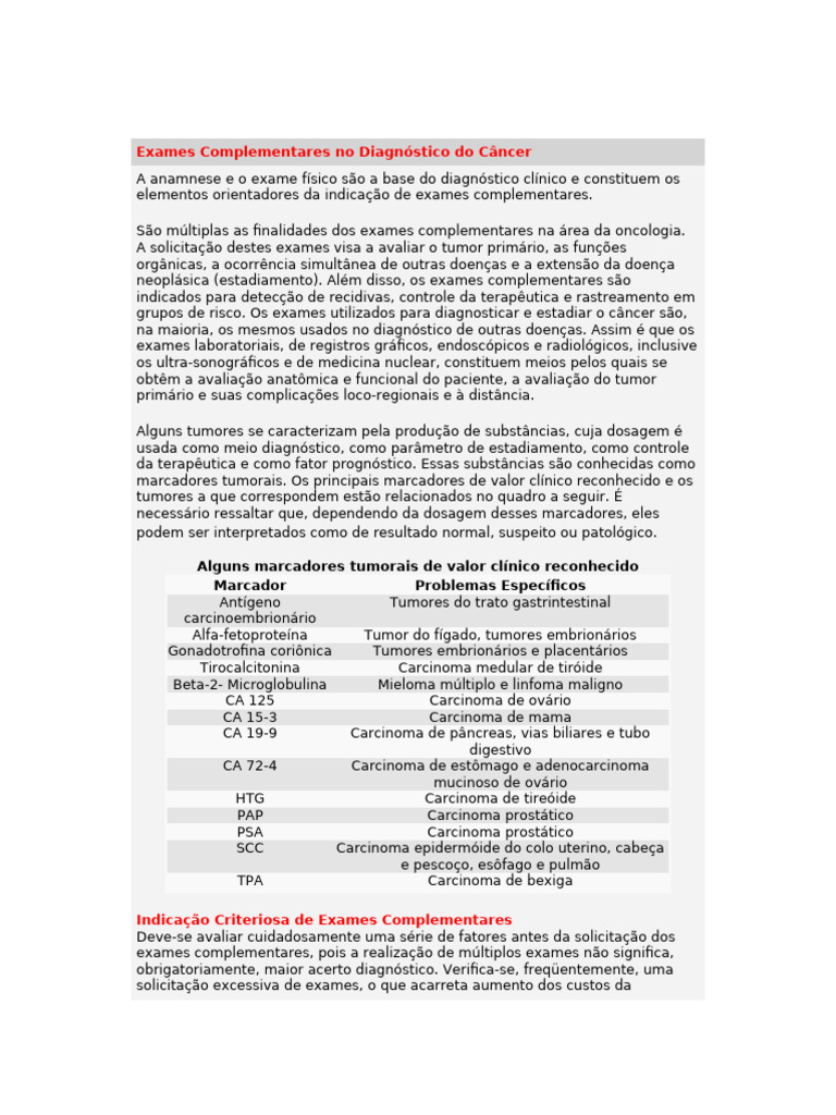 Exames Complementares no Câncer: Diagnóstico e Estadiamento | PDF ...