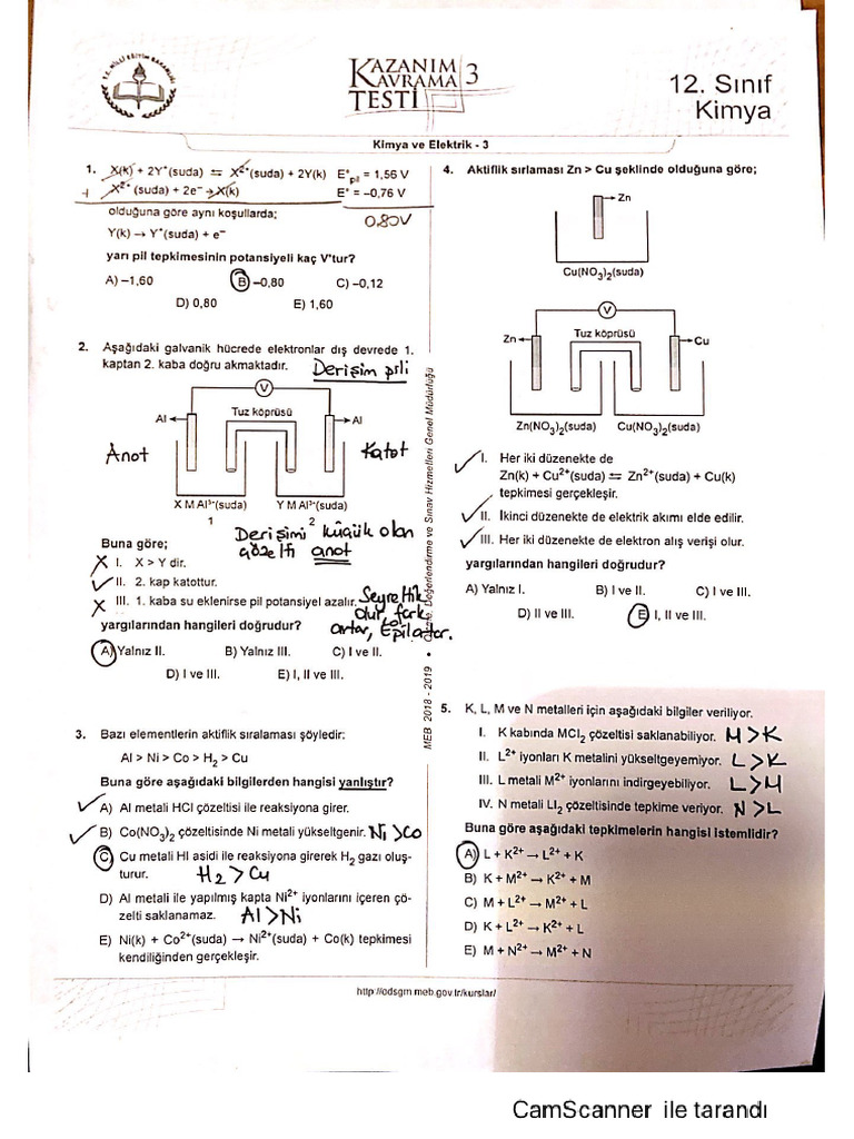 MEB Kazanım-Test-3-E.KİMYASAL PİL-CEVAPLAR | PDF