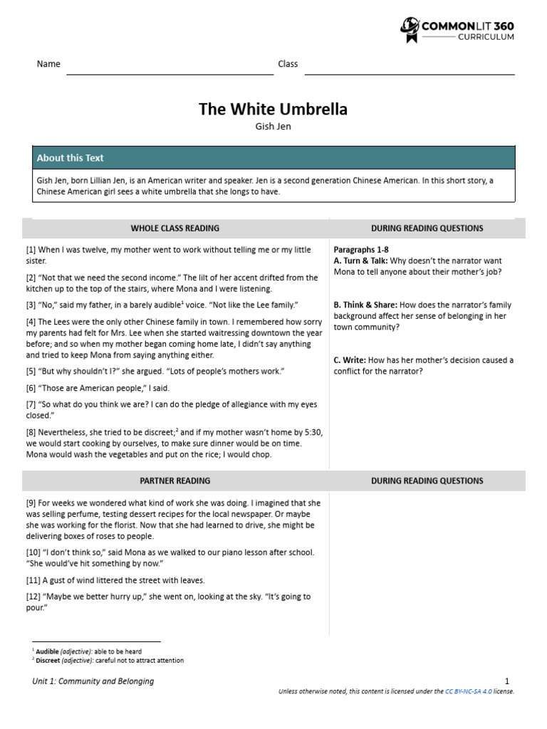 6b 07. 7G Unit 1 The White Umbrella STUDENT COPY Ed2.0 | PDF | Creative ...