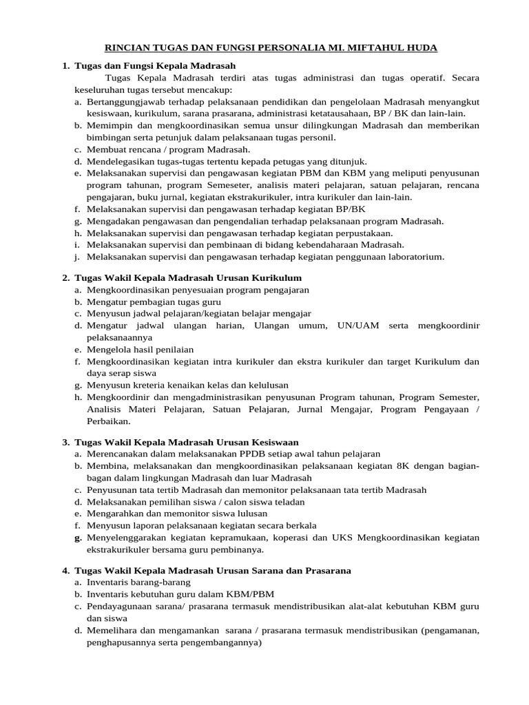CONTOH RINCIAN TUGAS DAN FUNGSI MI Miftahul Huda | PDF