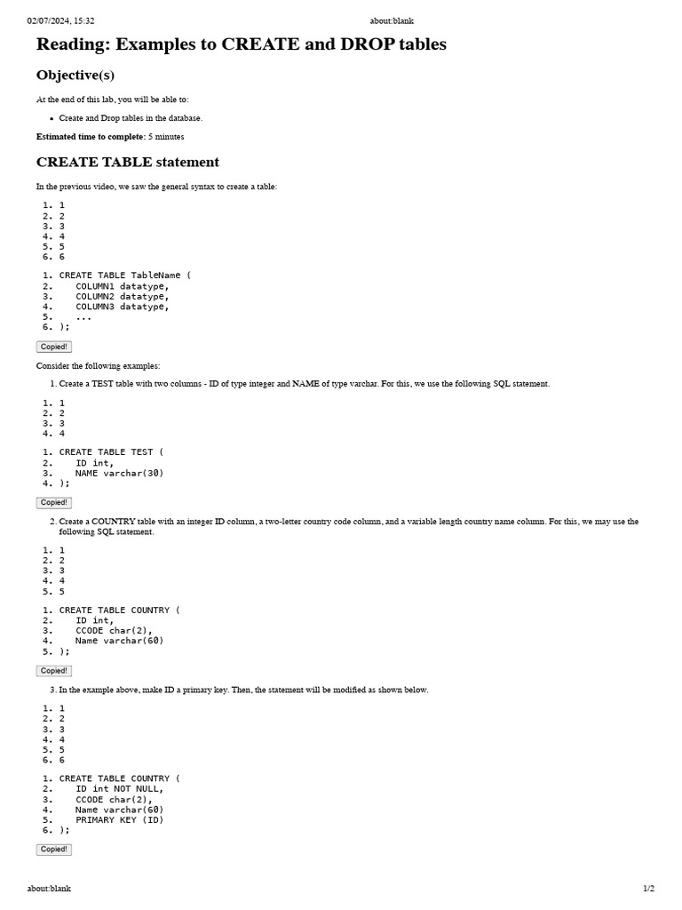 CREATE and DROP tables | PDF | Table (Database) | Data