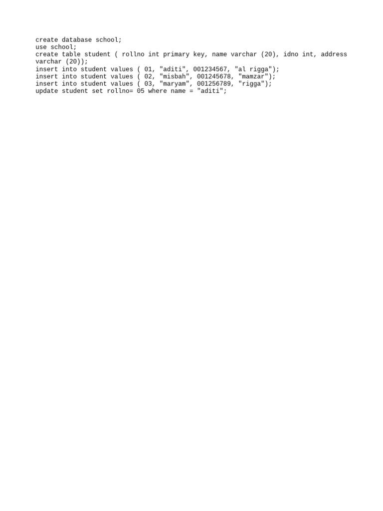 Create Database School; | PDF Create Database School; | PDF