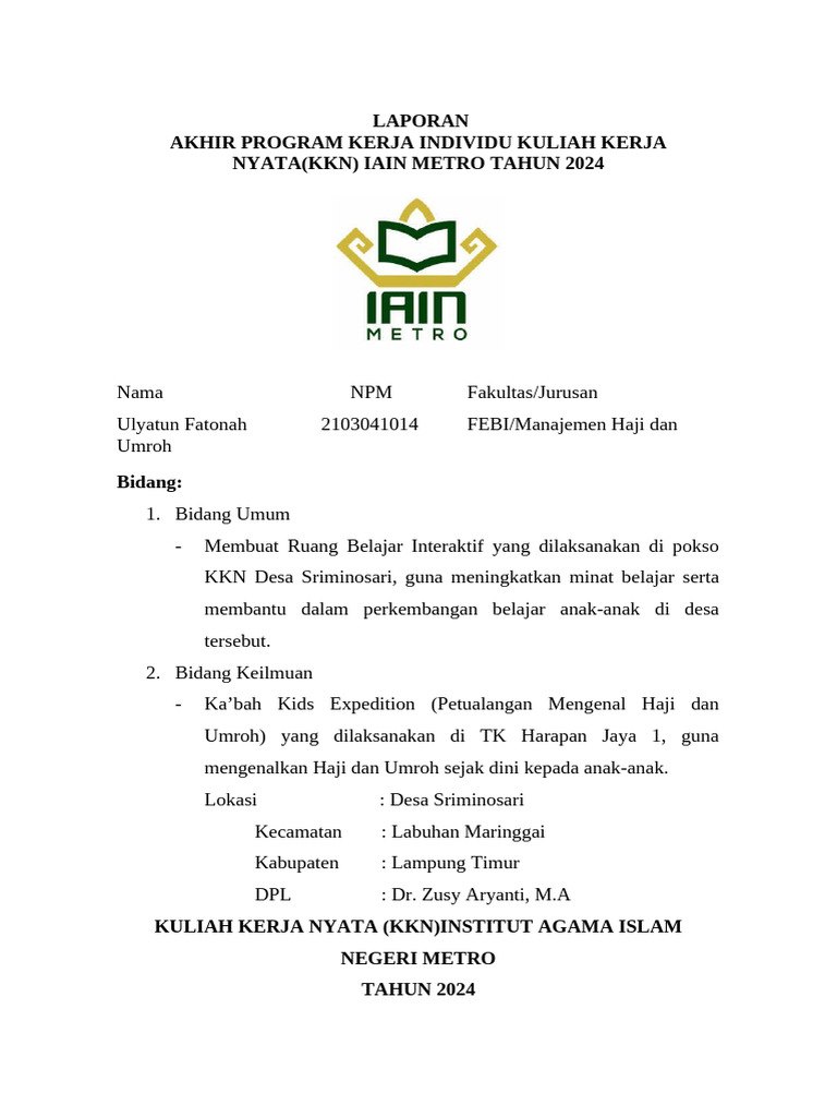 KKN IAIN Metro: Program Edukasi di Sriminosari | PDF