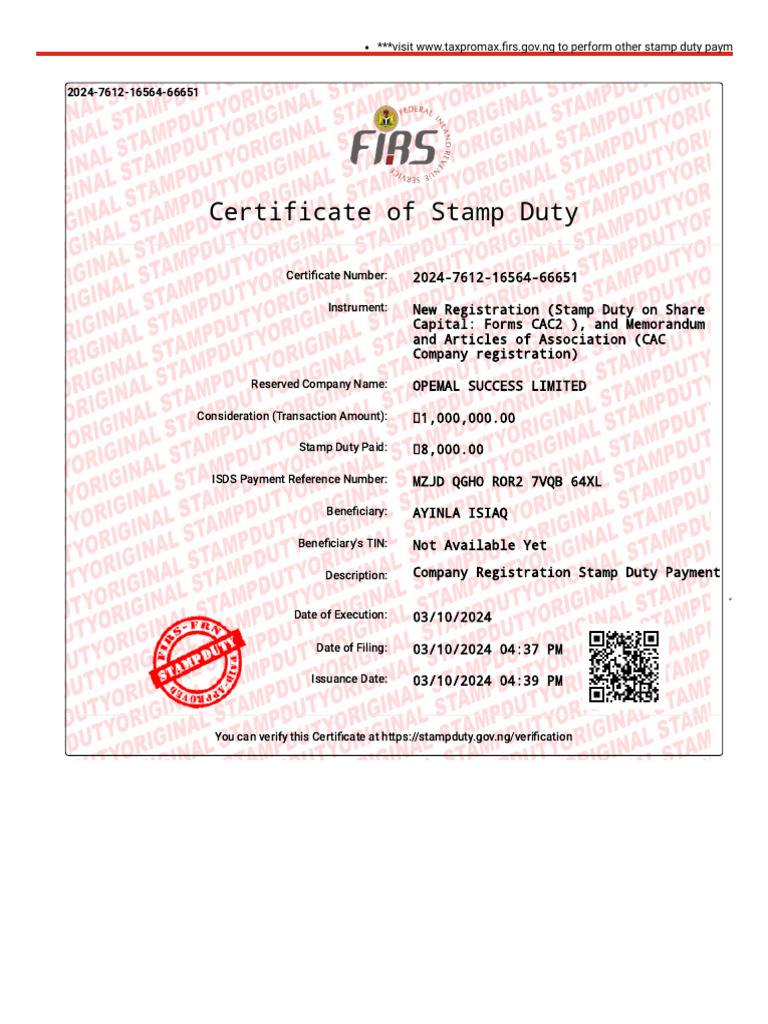 Opemal Stamp Duty Certificate - Stampduty - Gov.ng | PDF