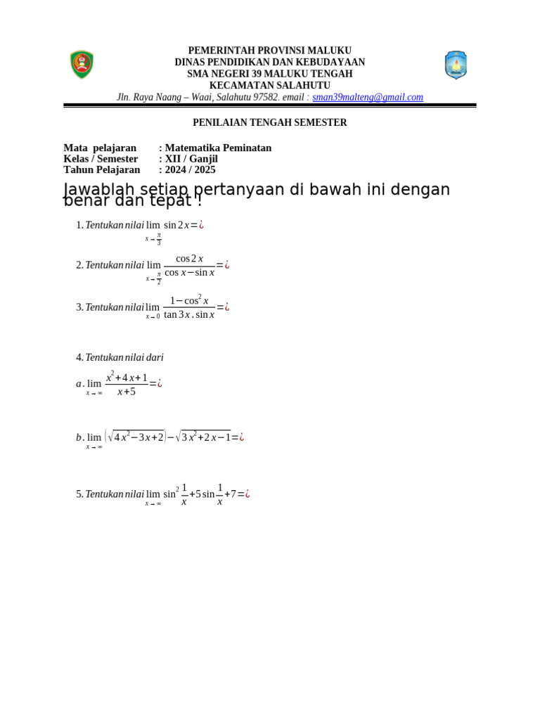 SOAL - PTS Matematika Minat KELAS XII - Ganjil 2024-2025 | PDF