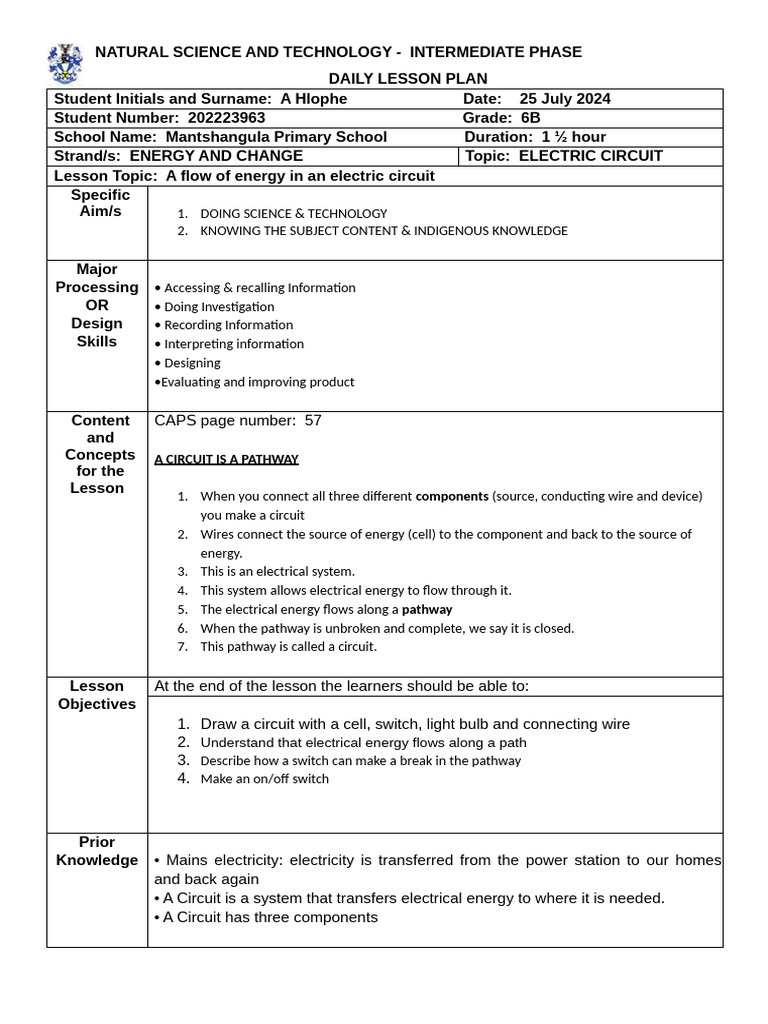 NS Tech Lesson Plan | PDF | Electricity | Lesson Plan