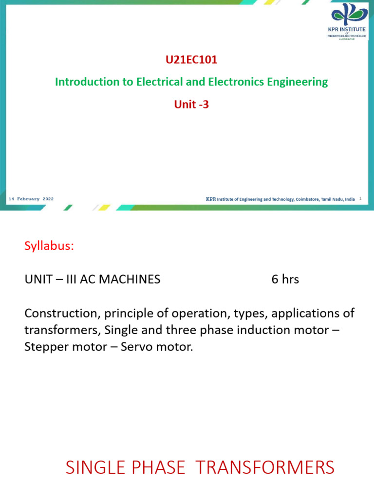 BEE - ECE - Unit 3 PPT | PDF | Electric Motor | Transformer
