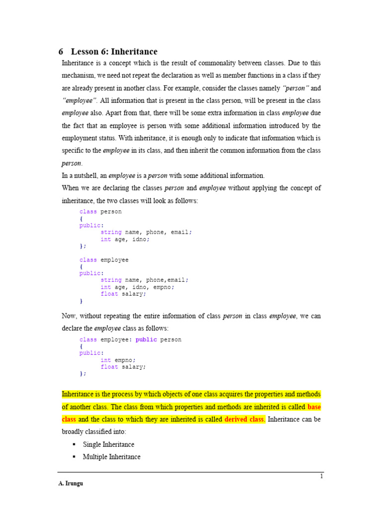Lesson06 Inheritance | PDF | Inheritance (Object Oriented Programming) | Class (Computer ...