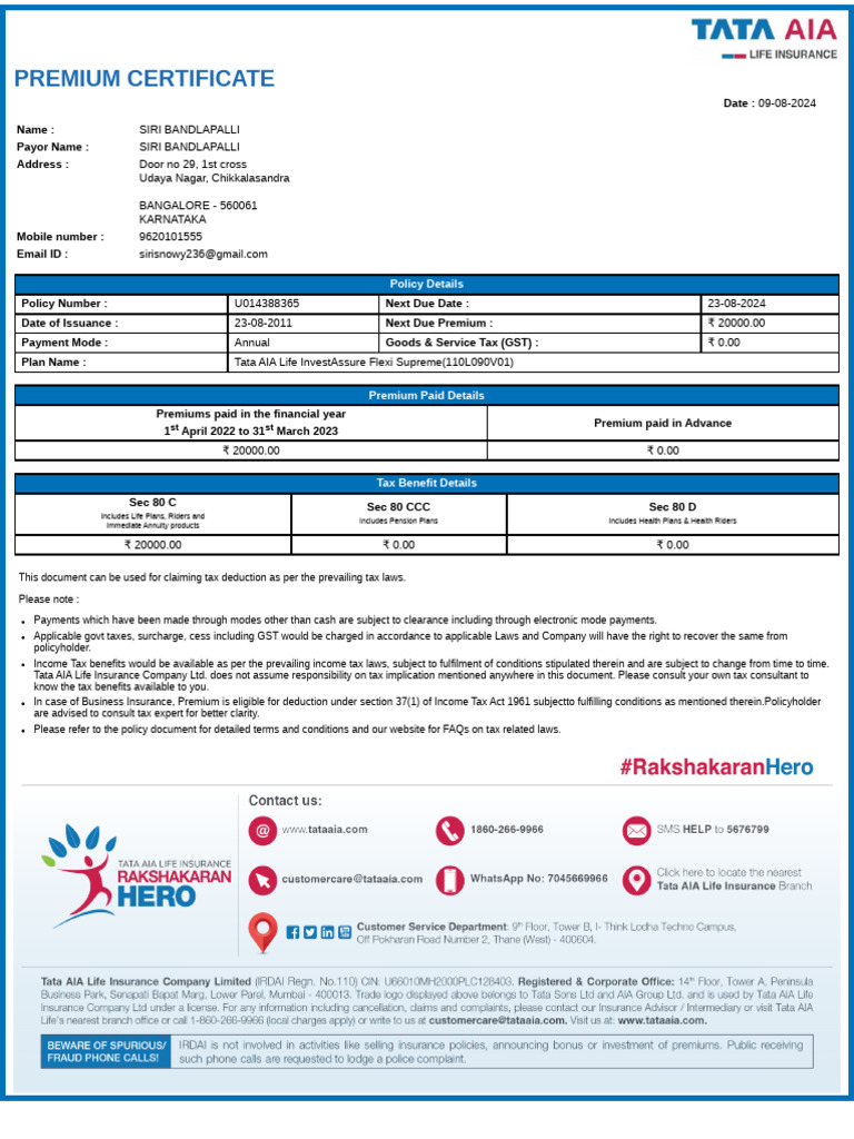 3LIPCReport PremiumCertificate 80C | PDF | Insurance | Taxes