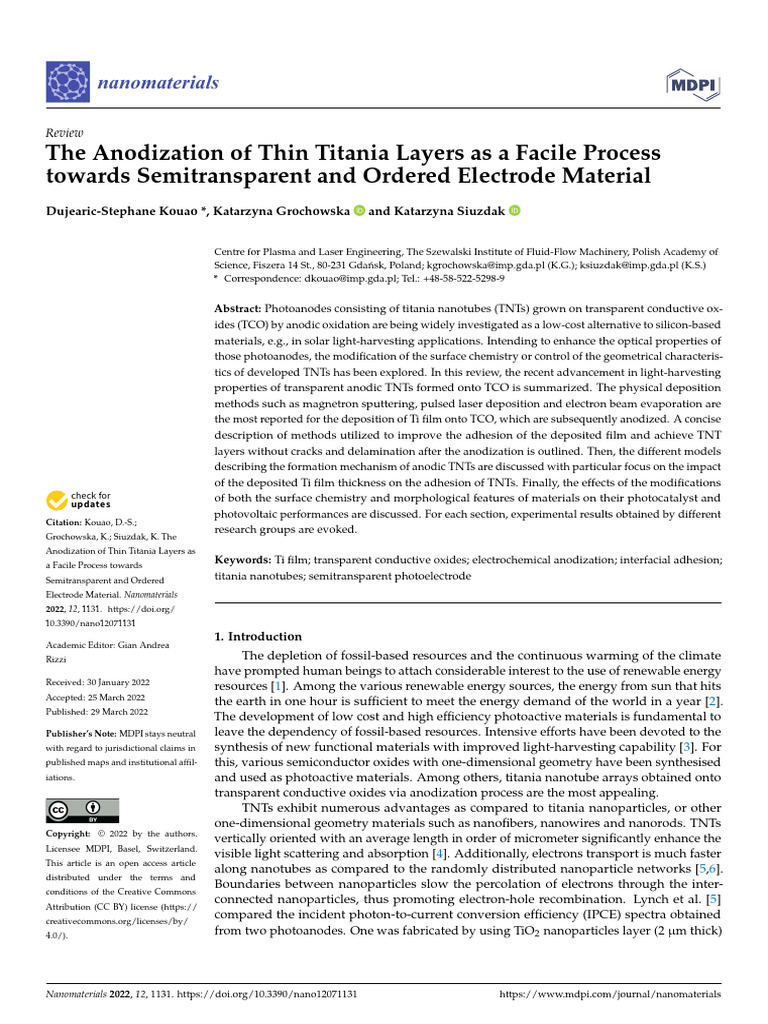The Anodization of Thin Titania Layers As A Facile Process | PDF ...