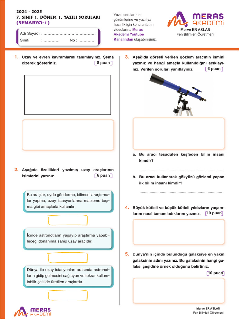 7.sinif Fen Bilimleri 1. Donem 1. Yazili Meras Akademi | PDF