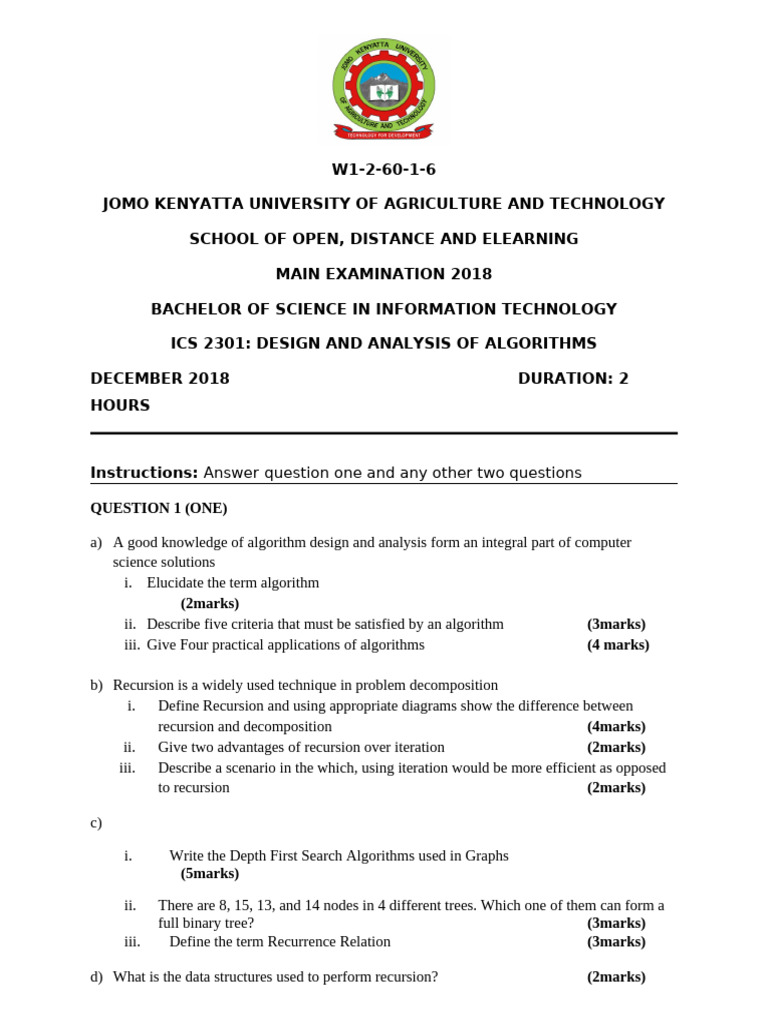 Exam Questions on Algorithm Design and Analysis | PDF | Algorithms ...