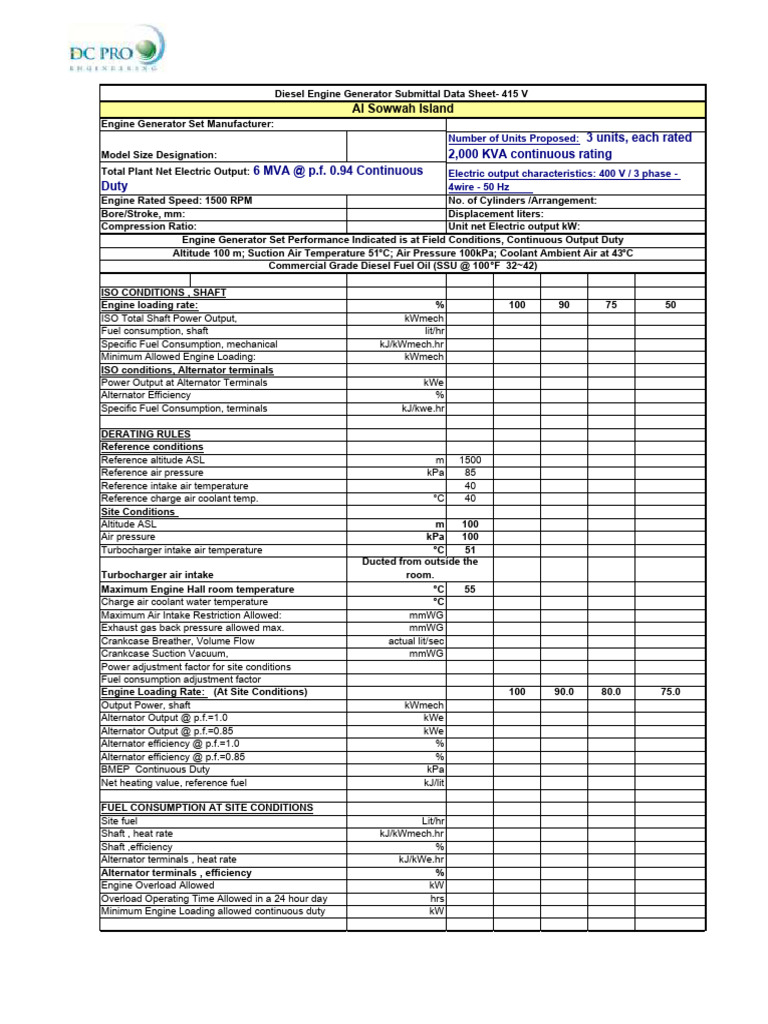 EngineGen Submittal form Diesel Drive (415 V). | PDF | Diesel Engine ...