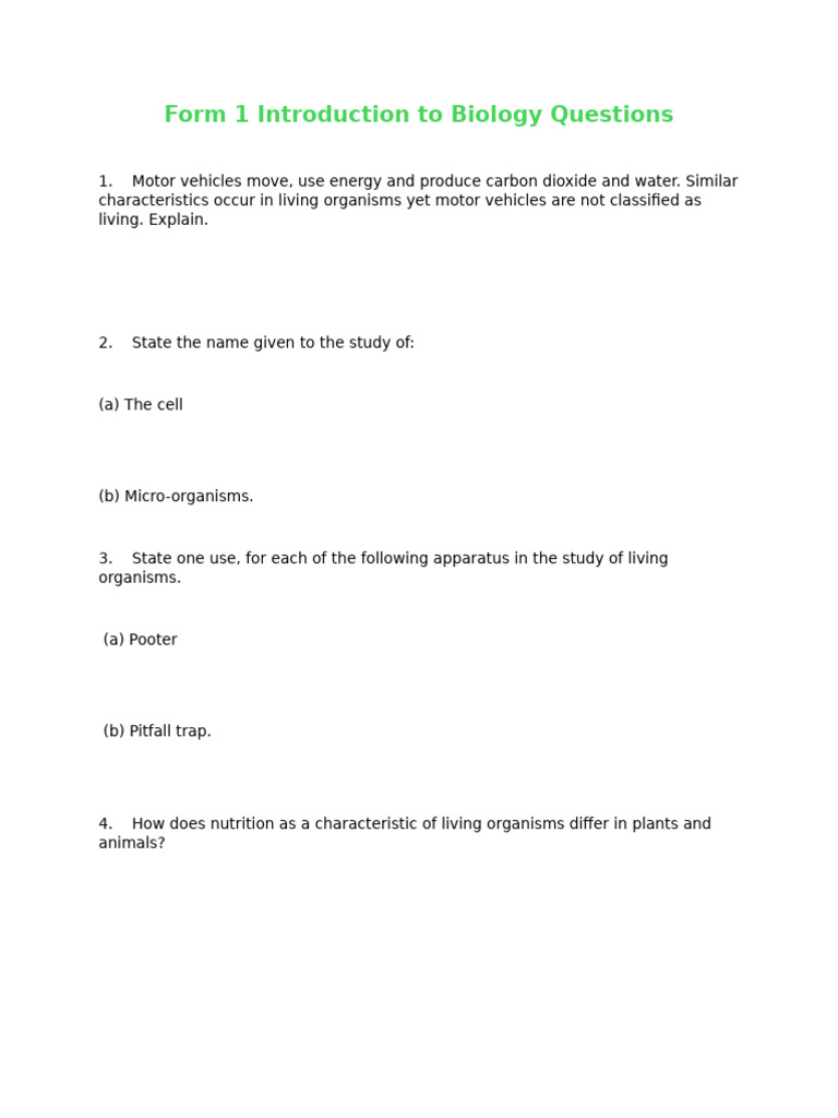 Form 1 Biology Introduction Questions | PDF | Science & Mathematics