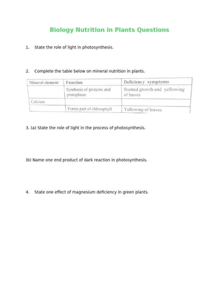 Plant Nutrition Questions and Answers | PDF | Photosynthesis | Leaf