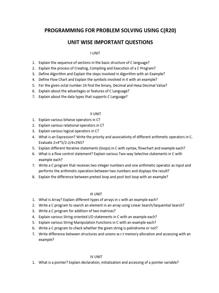 Ppsuc Unit Wise Important Questions-1 | PDF | Computer Program ...